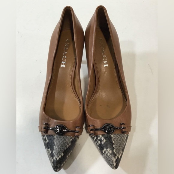 Coach | Shoes | Coach Tan Leather Pumps With Snake Print Toe Size 65b ...
